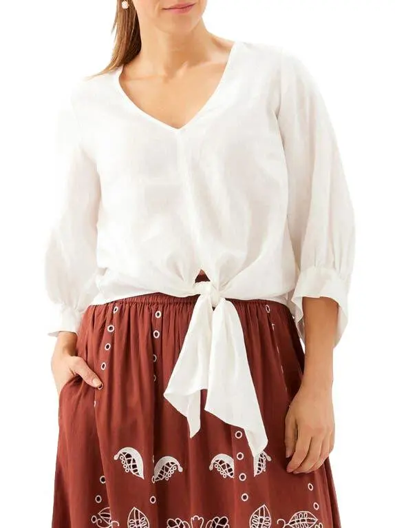 Karen Kane Tie-front Linen Top - Off White