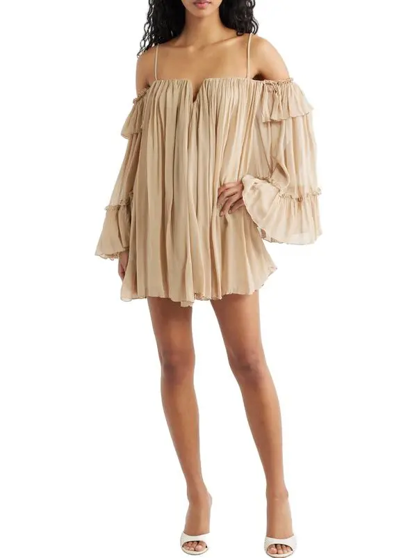 Mango Cold Shoulder Long Sleeve Mini Dress - Beige