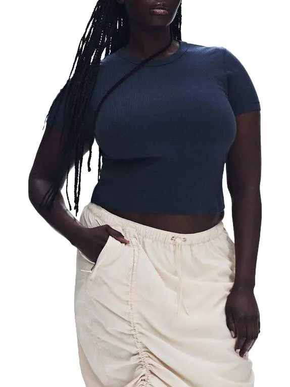 On Ribbed Knit Cropped T-shirt - Midnight
