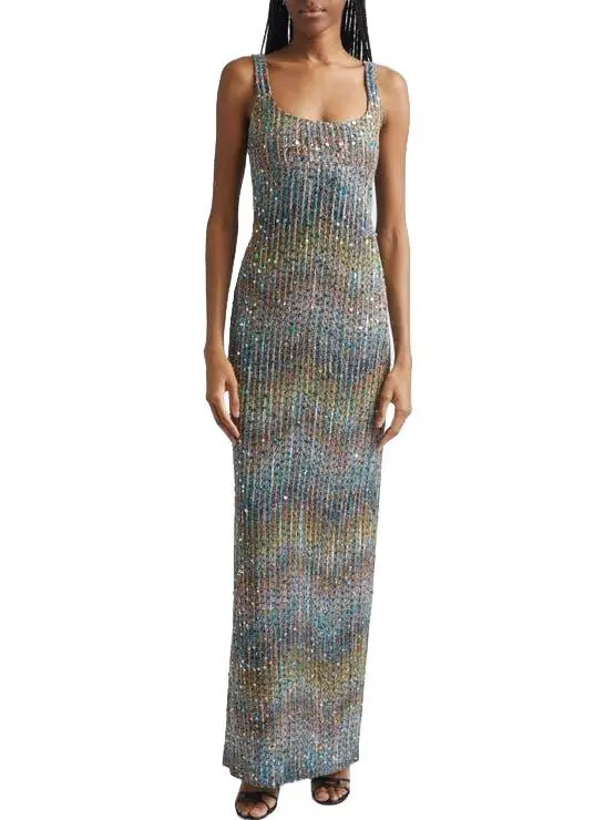Missoni Metallic Zigzag Sequin Knit Column Gown - Brown/blue