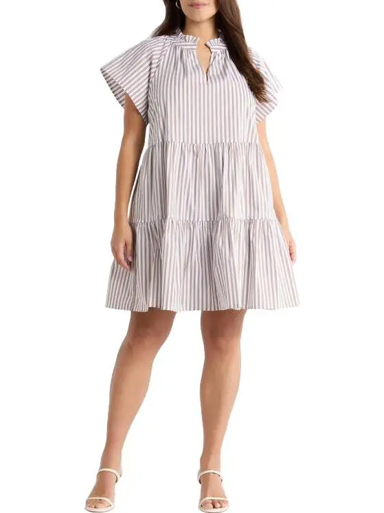 SUGARLIPS Parson Stripe Janelly Poplin Tiered Mini Dress - Brown-stripe