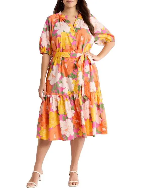SUGARLIPS Milley Floral Wynette Tiered Midi Dress - Pink-org-mul