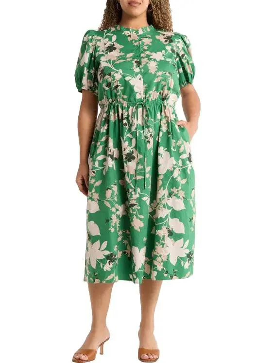 SUGARLIPS Nora Puff Sleeve Cotton Midi Dress - Multi-green