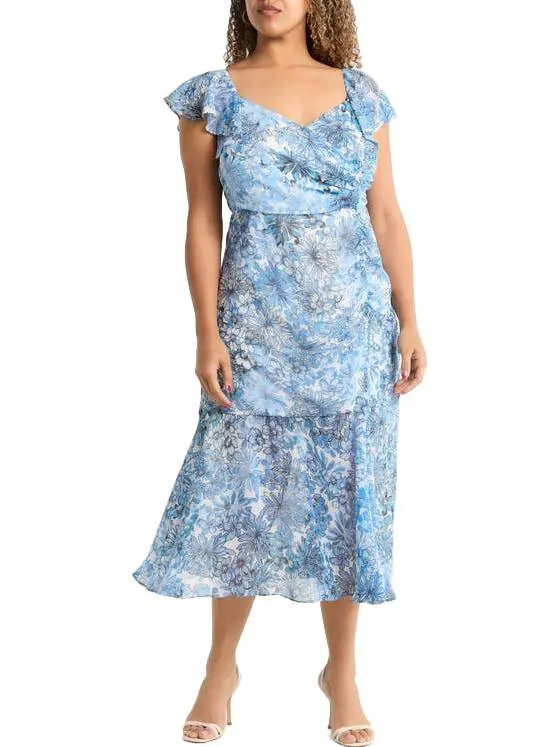 SUGARLIPS Tierra Floral Nadia Ruched Midi Dress - Blues