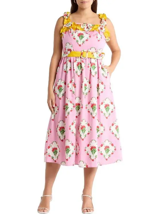 SUGARLIPS Floral Strapless Ruffle Midi Dress - Pink-multi