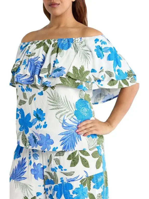 SUGARLIPS Floral Off-the-shoulder Top - White Blue Green