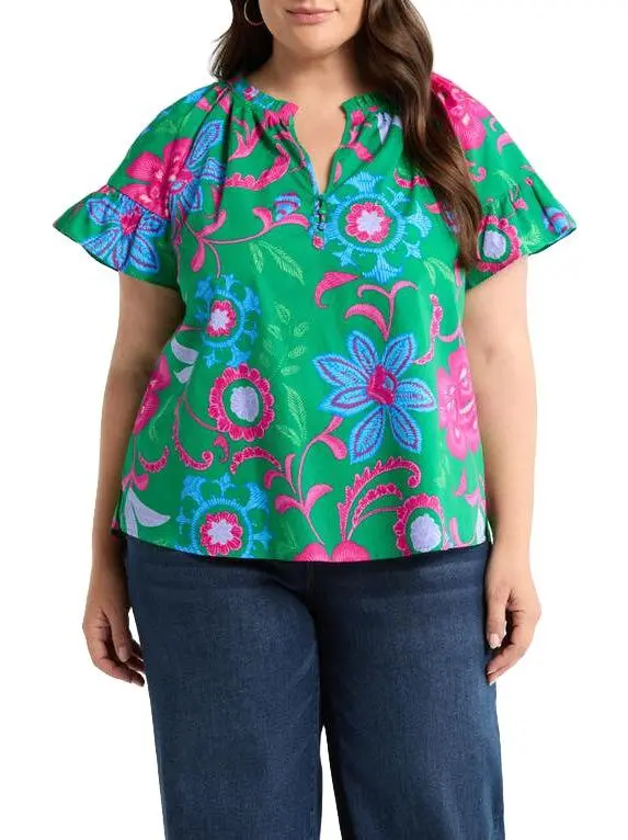 SUGARLIPS Cabina Floral Ruffle Top - Blue Pink Multi