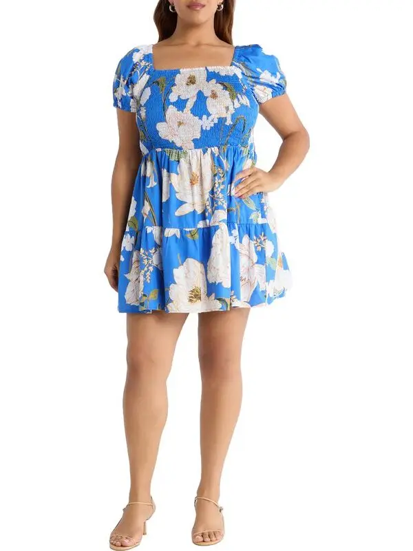 SUGARLIPS Roswell Floral Smocked Minidress - Blue-cream