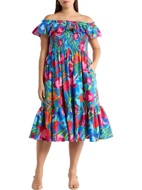 SUGARLIPS Naima Floral Off The Shoulder Smocked Midi Dress - Cobalt-pink-multi