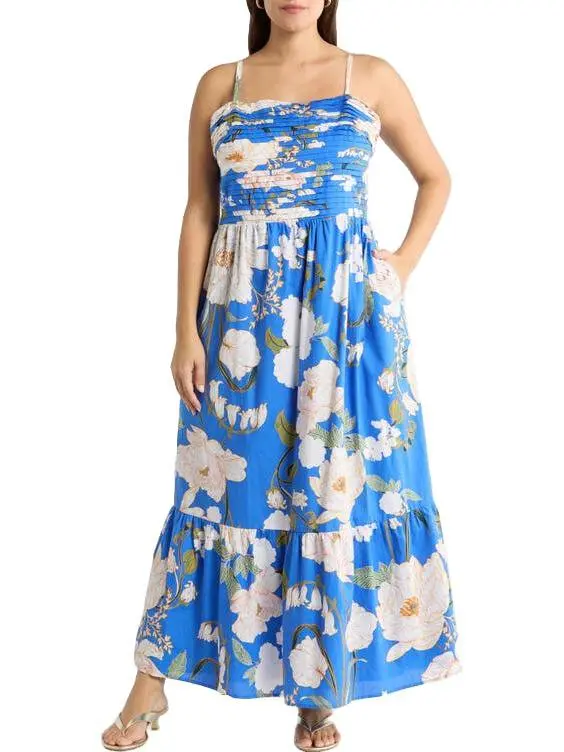 SUGARLIPS Roswell Sima Pleated Floral Maxi Dress - Blue-cream