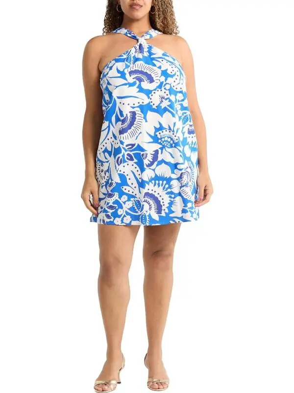 SUGARLIPS Floral Halter Minidress - Blue-white