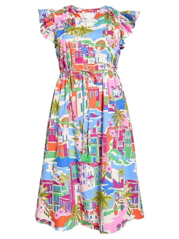 SUGARLIPS Karani Starburst Flutter Sleeve Midi Dress - Cream Blue Multi