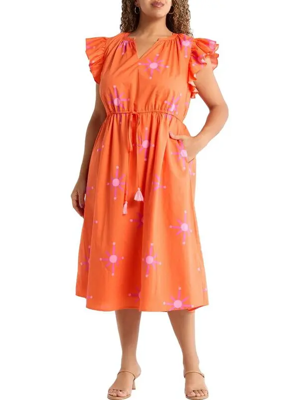 SUGARLIPS Karani Starburst Flutter Sleeve Midi Dress - Orange-fuchsia