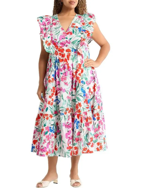 SUGARLIPS Kivia Smocked Floral Cotton Midi Dress - Wht-red-blue