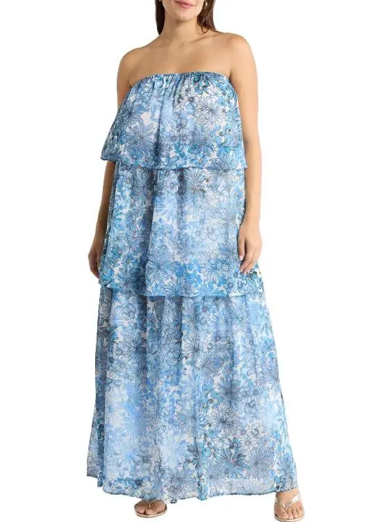 SUGARLIPS Floral Strapless Tiered Maxi Dress - Blues