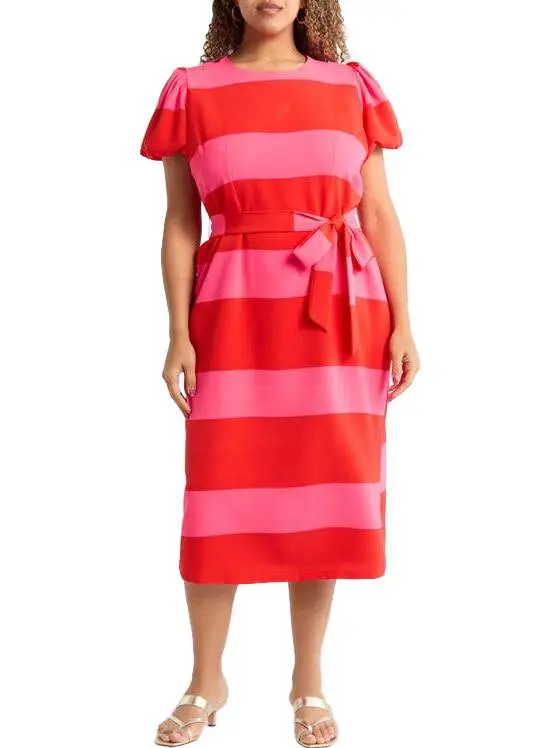 SUGARLIPS Lolli Stripe Senidy Puff Sleeve Midi Dress - Fuchsia-red