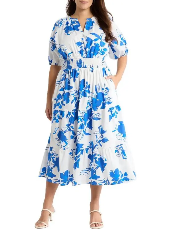 SUGARLIPS Aby Floral Hacienda Puff Sleeve Midi Dress - White-cobalt-multi