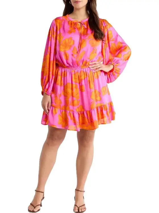 SUGARLIPS Pacey Floral Balloon Sleeve Mini Dress - Neon-orange