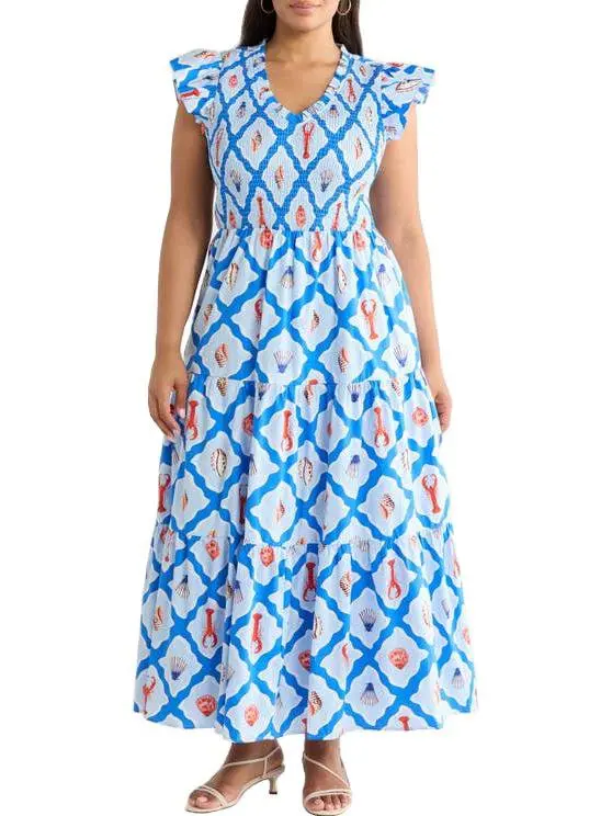 SUGARLIPS Tiered Midi Dress - Whtblue-multi