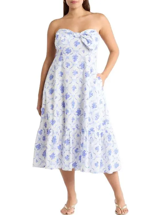 SUGARLIPS Nia Floral Perline Bow Midi Sundress - White-blue
