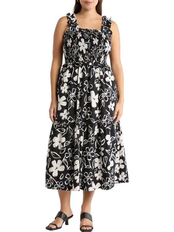 SUGARLIPS Kianza Floral Smocked Midi Dress - Black-white
