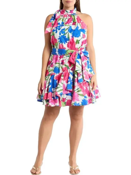 SUGARLIPS Liran Floral Melis Halter Minidress - Pink-blue