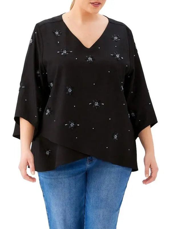 Karen Kane Embellished Asymmetric Hem Top - Black