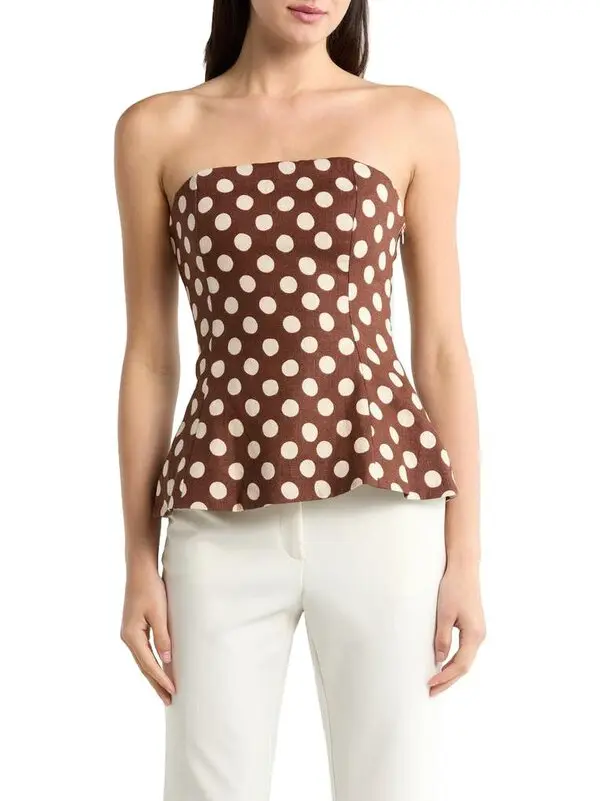 Faithfull The Brand Petro Polka Dot Strapless Peplum Top - Cioccolato Dot