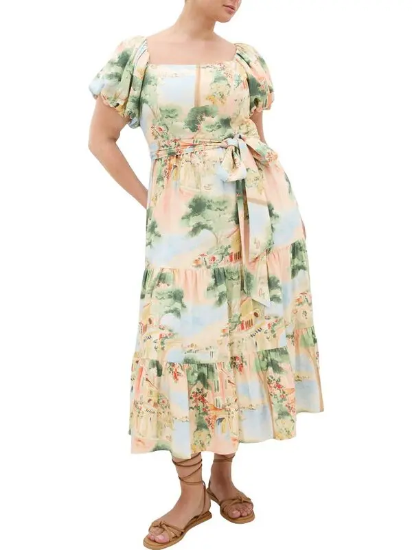 City Chic Laurena Floral Puff Sleeve Tie Belt Sundress - Sardinia