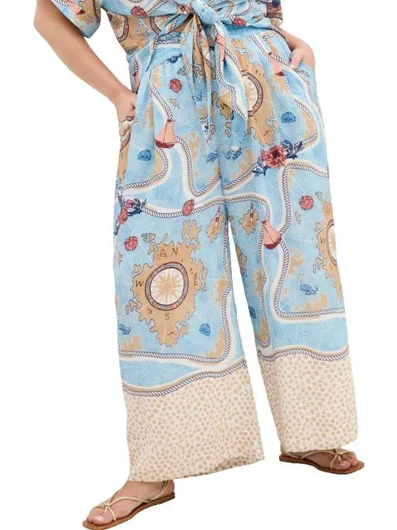 City Chic Postcard Print Wide Leg Pants - Voyage Print