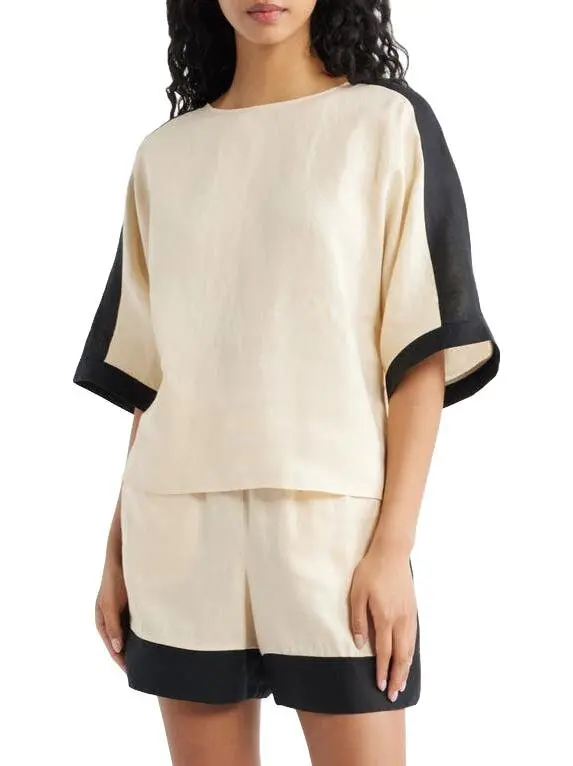 Mango Contrast Detail Linen Top - Ecru