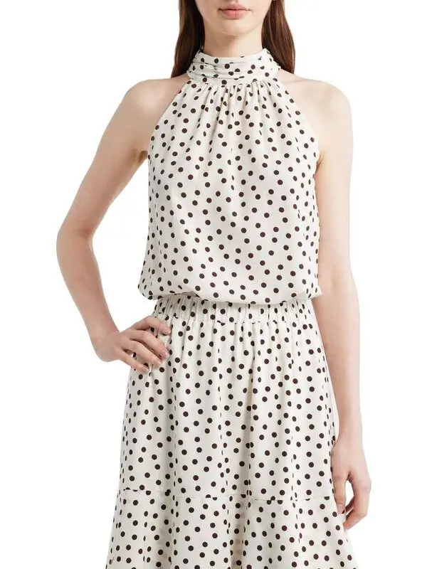 Anne Klein Shirred Neck Sleeveless Polka Dot Top - White Dove/dark Chocolate