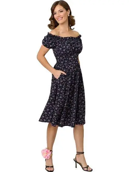 Unique Vintage 1950s Off The Shoulder Ruffle Swing Dress - Black W/purple Floral Print