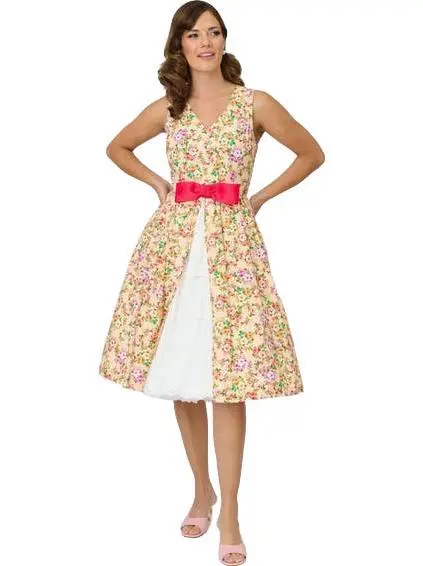 Unique Vintage 1960s Garden Party Swing Dress - Beige W/pink Bow Floral Print