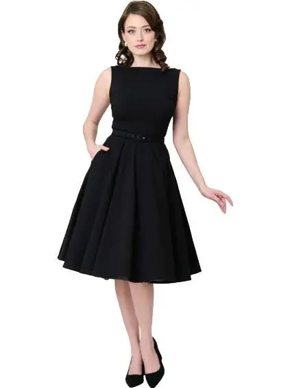 Unique Vintage Belted Devon Swing Dress - Black Solid