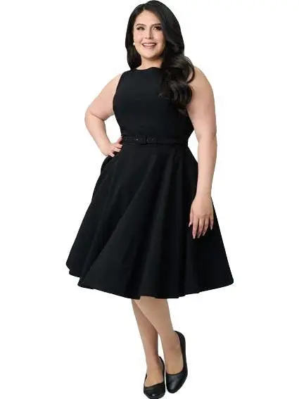 Unique Vintage Belted Devon Swing Dress - Black Solid