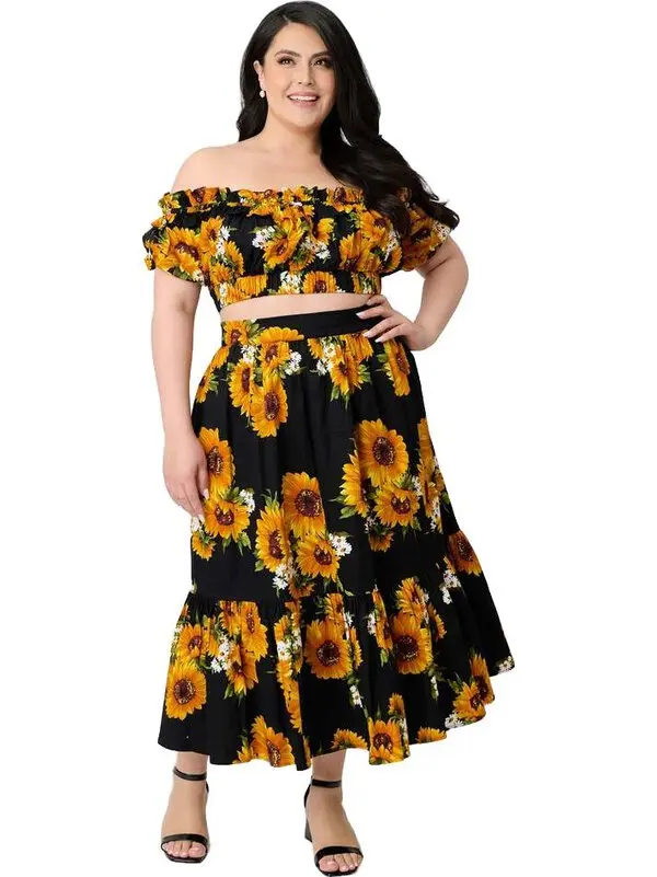 Unique Vintage 1950s Tiered Midi Skirt - Black Sunflower Print