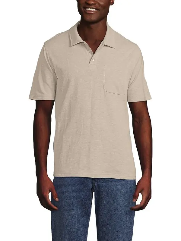 LANDS' END Short Sleeve Cotton Linen Polo - Khaki Sand Heather