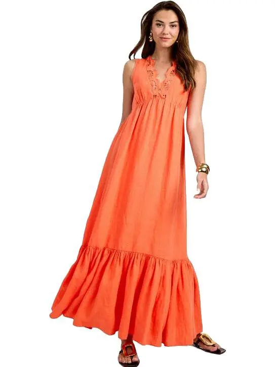 Trina Turk Linen Schiffli Embroidered Maxi Dress - Calypso Coral