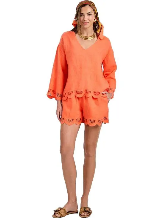 Trina Turk Linen Top With Schiffli Embroidery - Calypso Coral