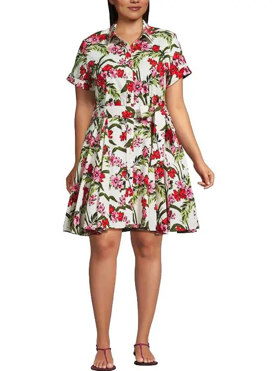 LANDS' END Linen-blend Button-front Knee Length Dress With Godet Panels - Ivory/pink Multi Floral Tropic