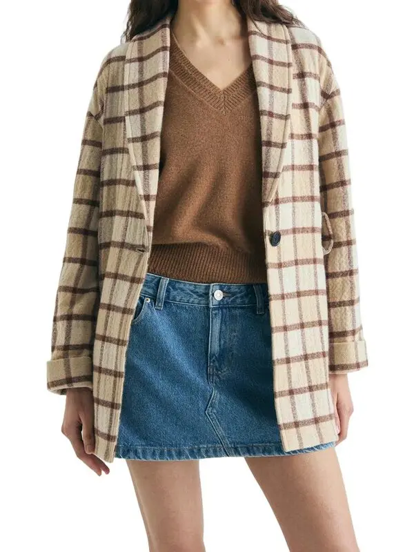 SCALPERS Plaid Belted Wool Blend Coat - Ecrucheck