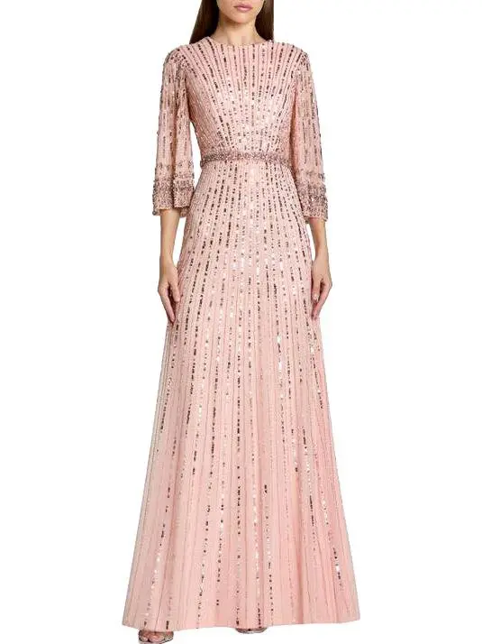Mac Duggal High Neck Embellished Gown With 3/4 Sleeves - Rose