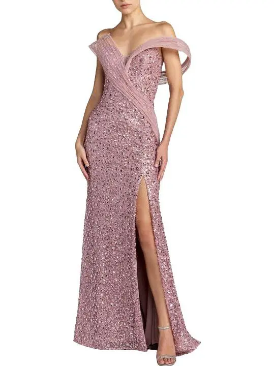 Mac Duggal Sequin Gown With Sculptural Off-shoulder Detail - Blush