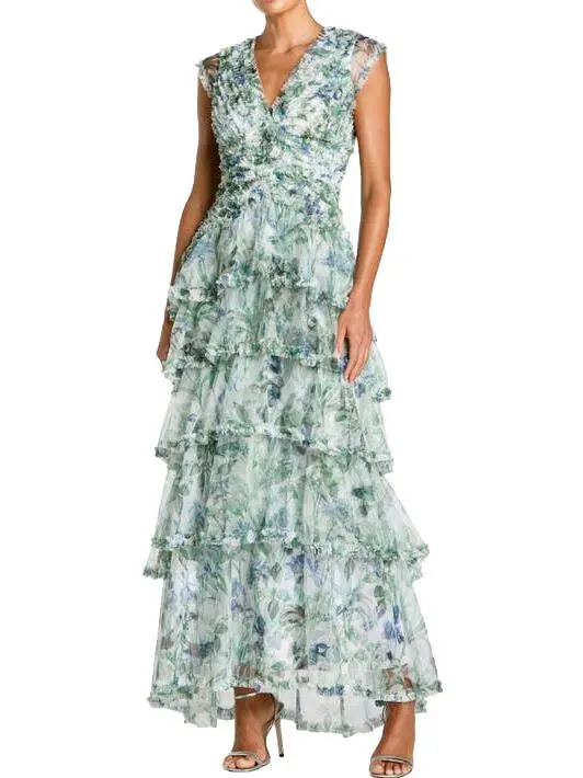 Mac Duggal Floral V-neck Maxi Gown - Blue Multi