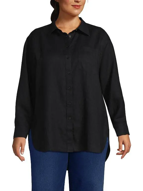 LANDS' END Linen Oversized Button Front Shirt - Black