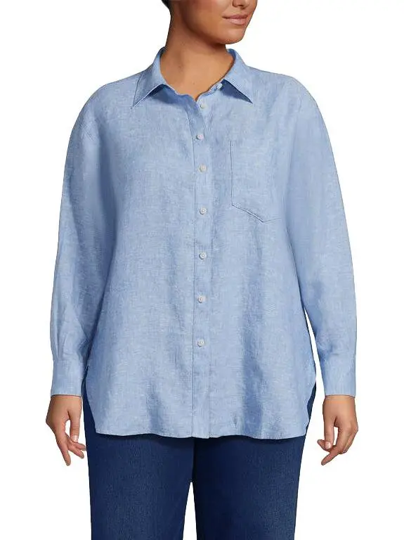 LANDS' END Linen Oversized Button Front Shirt - Soft Blue Linen