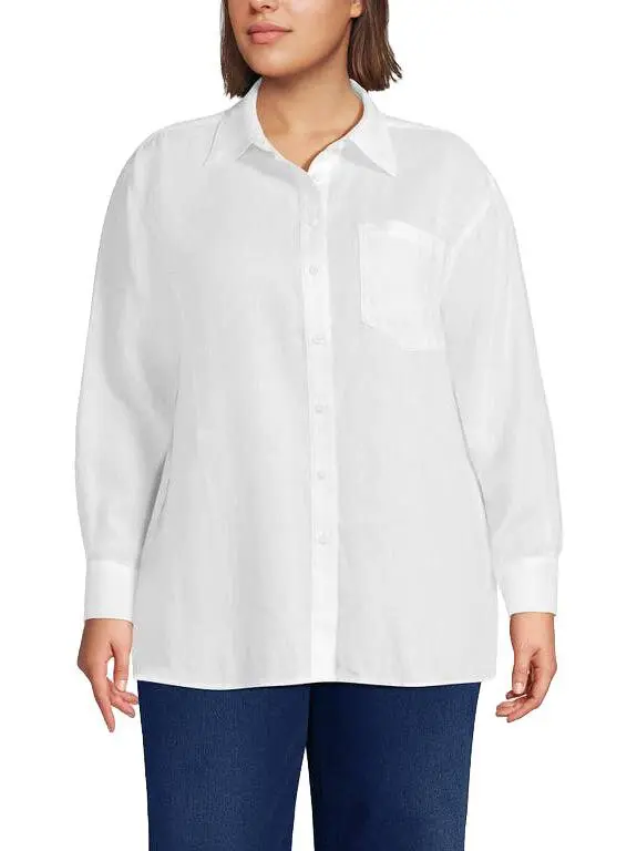 LANDS' END Linen Oversized Button Front Shirt - White