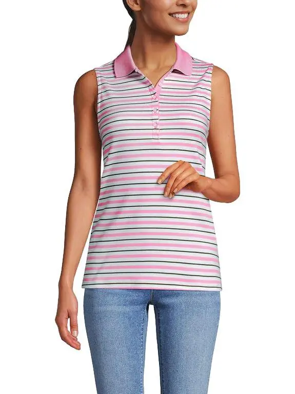 LANDS' END Supima Cotton Sleeveless Polo - White/seaside Pink Stripe