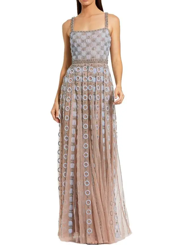 Mac Duggal Petite Sleeveless Embellished Mesh A-line Gown - Powder Blue